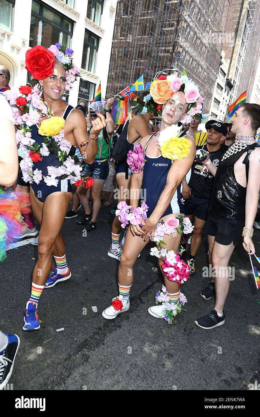 Marchers march in the World Pride NYC Pride March on June 30,2019 on Fifth Avenue in New York ...