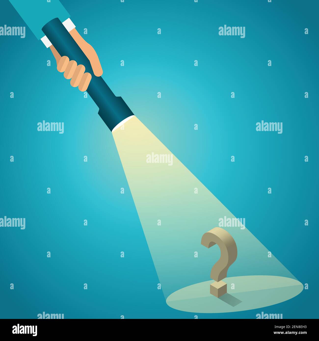 Hand of a man shines with flashlight on a question mark Stock Vector ...