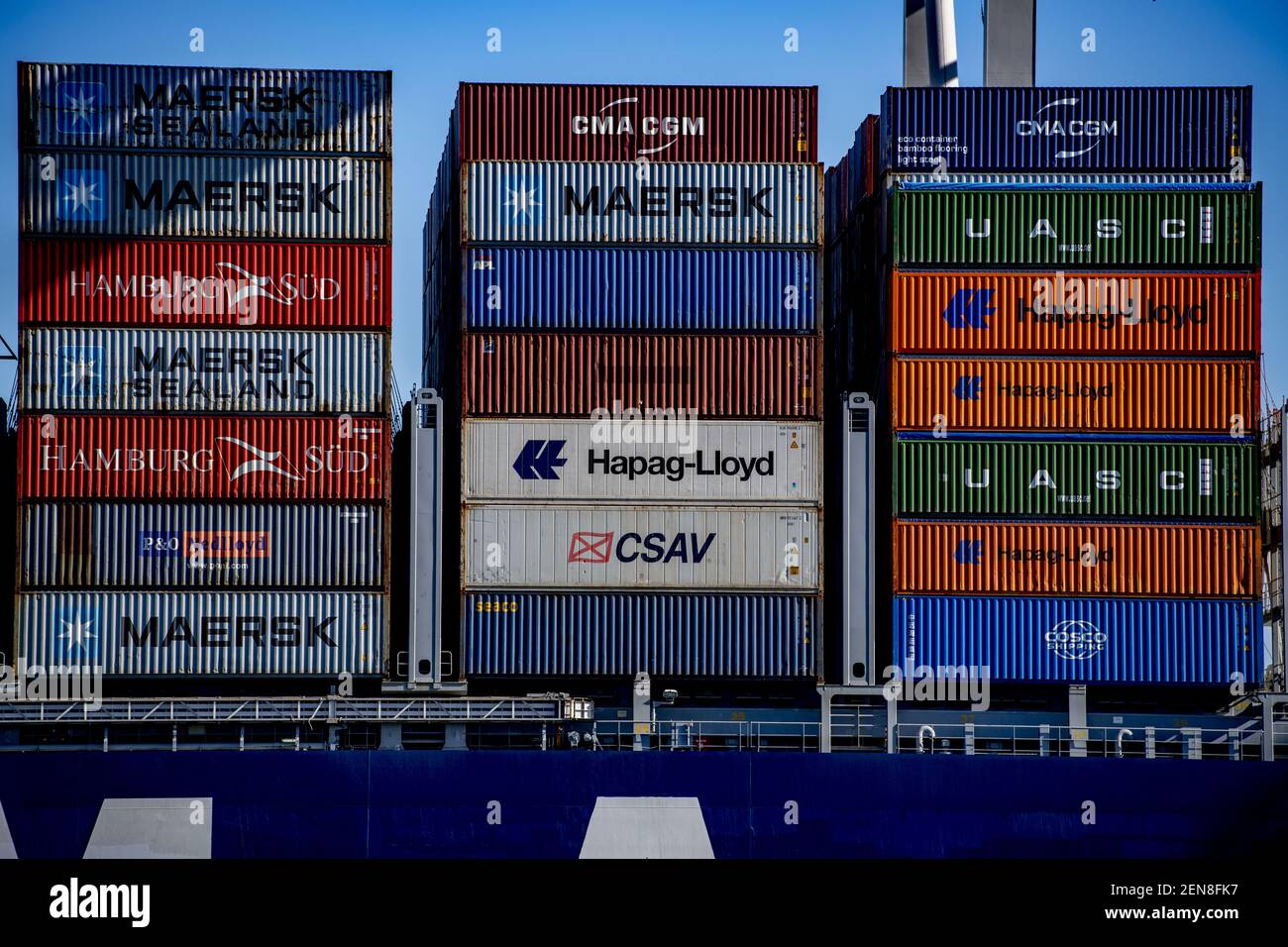 Maersk, Hapag-Lloyd, UASC, CMA CGM containers at the Port of Rotterdam ...
