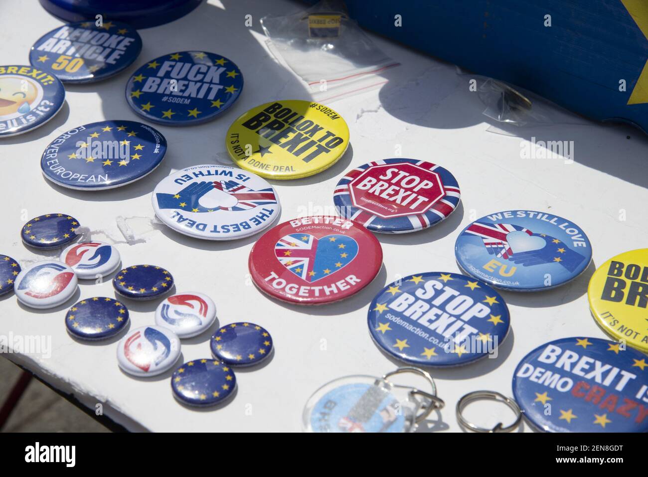 Pro remain badges for sale on a make shift stall opposite the Houses of ...