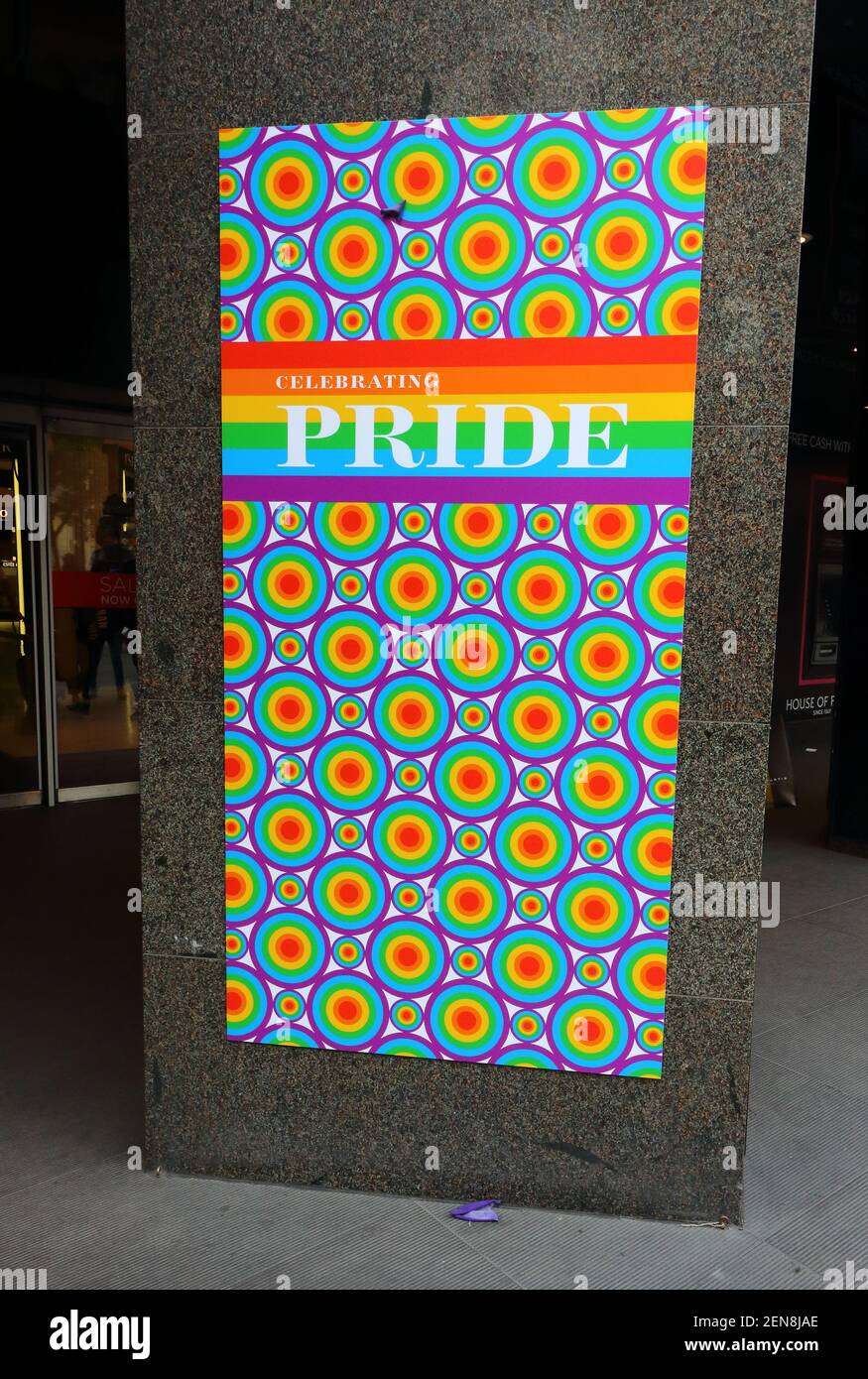Rainbow coloured sign celebrating Pride seen outside House of Fraser ...
