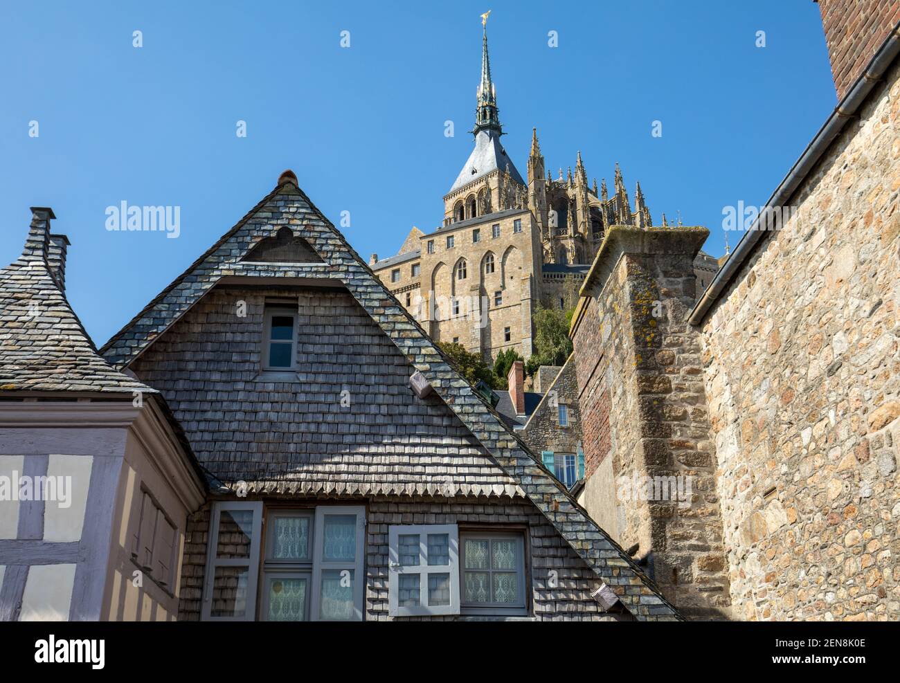 Ancient buildings of the old town on the famous Mont Saint Michel ...