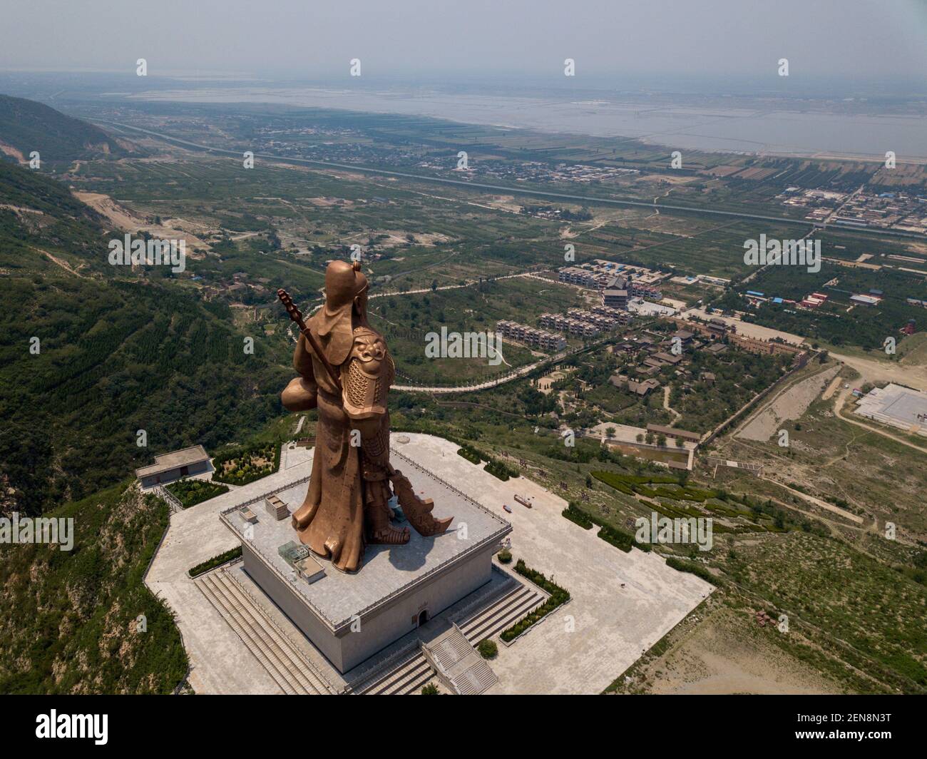 Aerial view of a giant bronze statue of Chinese General Guan Yu in ...