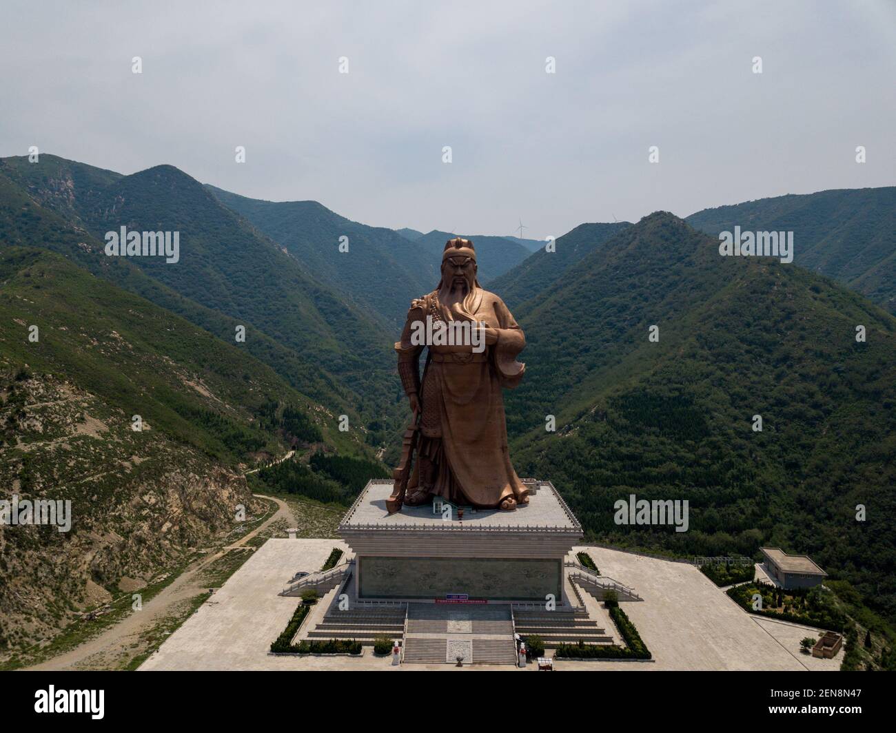Aerial view of a giant bronze statue of Chinese General Guan Yu in ...