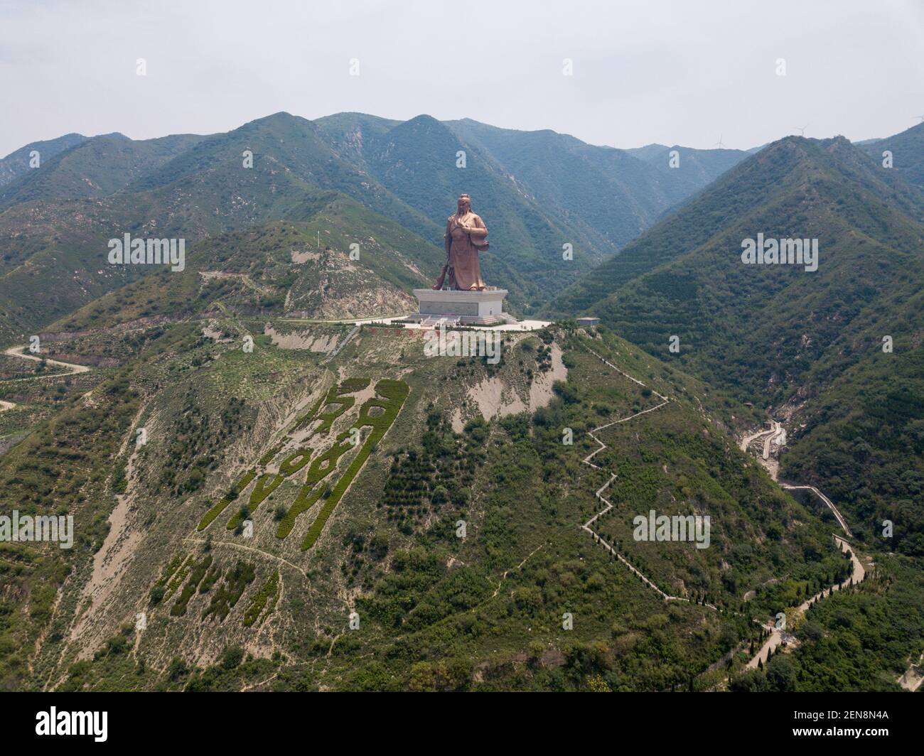 Aerial view of a giant bronze statue of Chinese General Guan Yu in ...