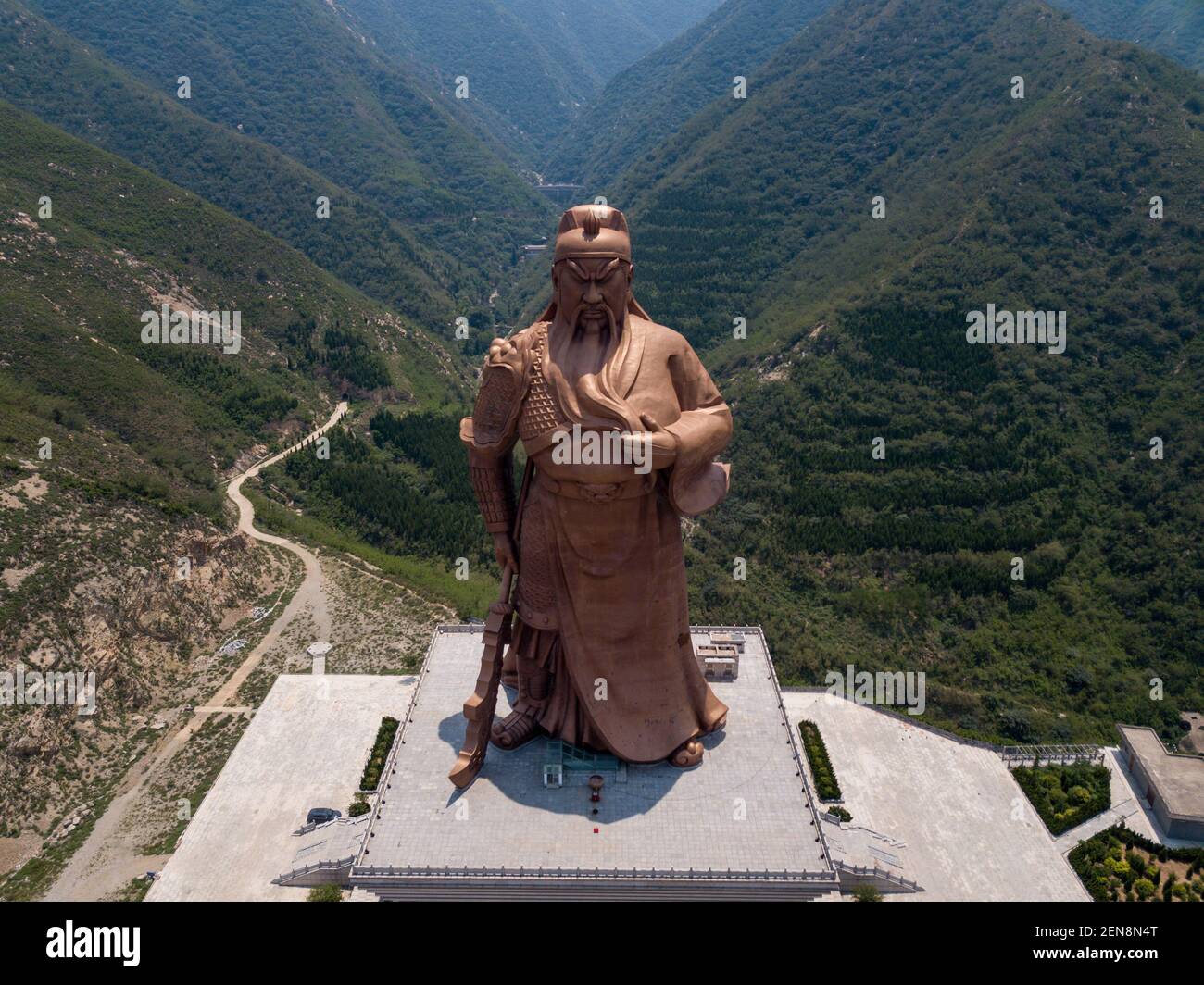 Aerial view of a giant bronze statue of Chinese General Guan Yu in ...