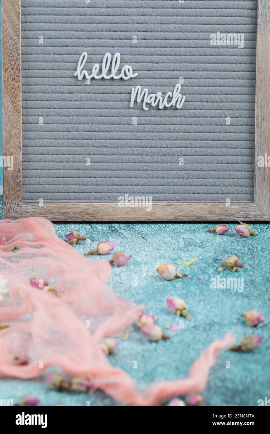 Happy march poster with flower blossoms around Stock Photo - Alamy