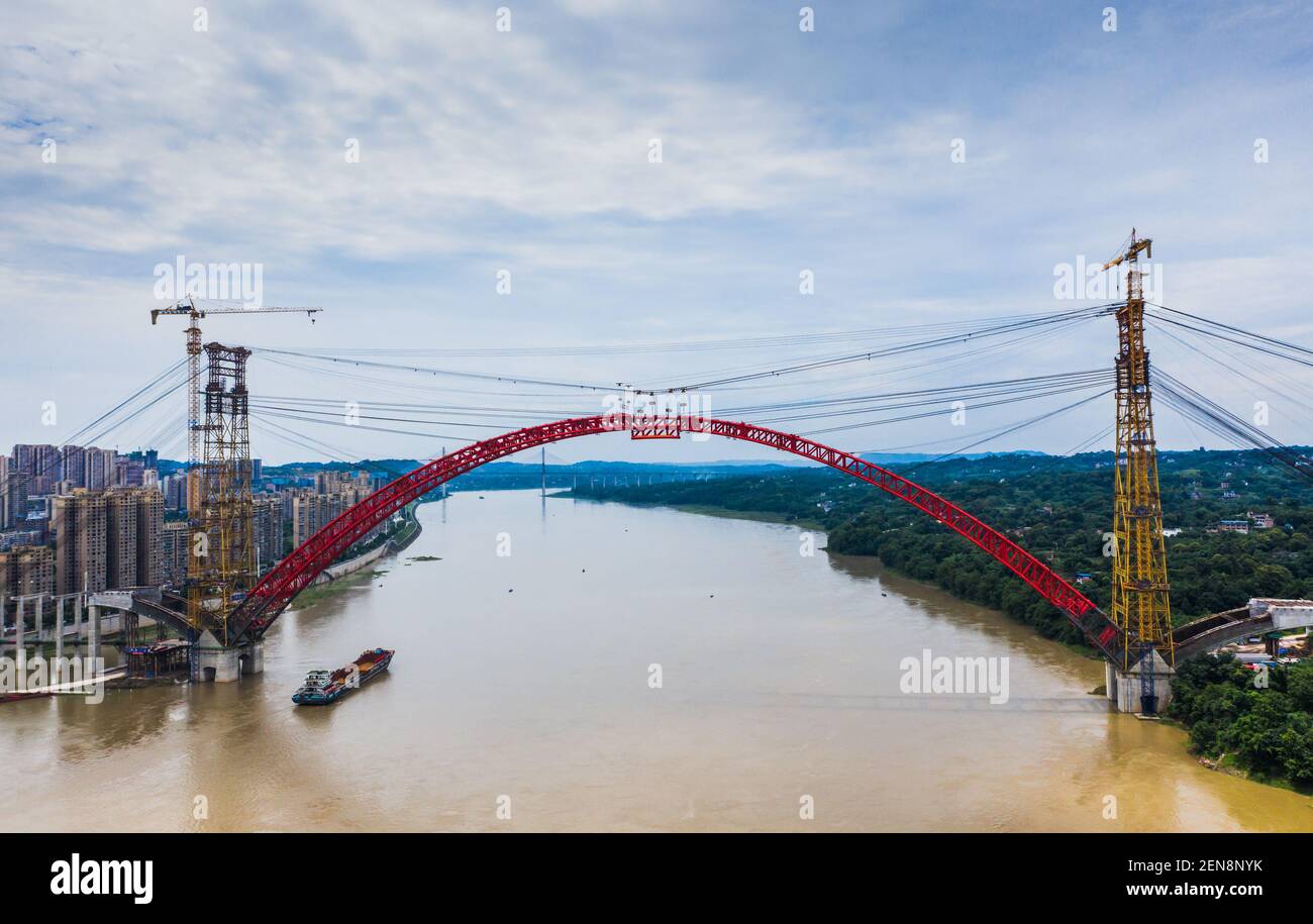 In this aerial view, the closure of main arch of Hejiang Yangtze River ...