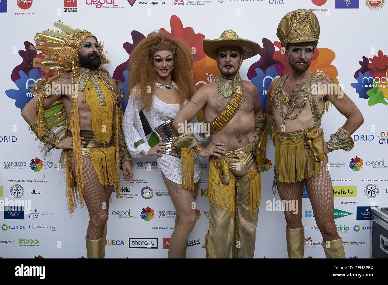 Drag queen group during photocall of the lgtb pride party of Madrid ...