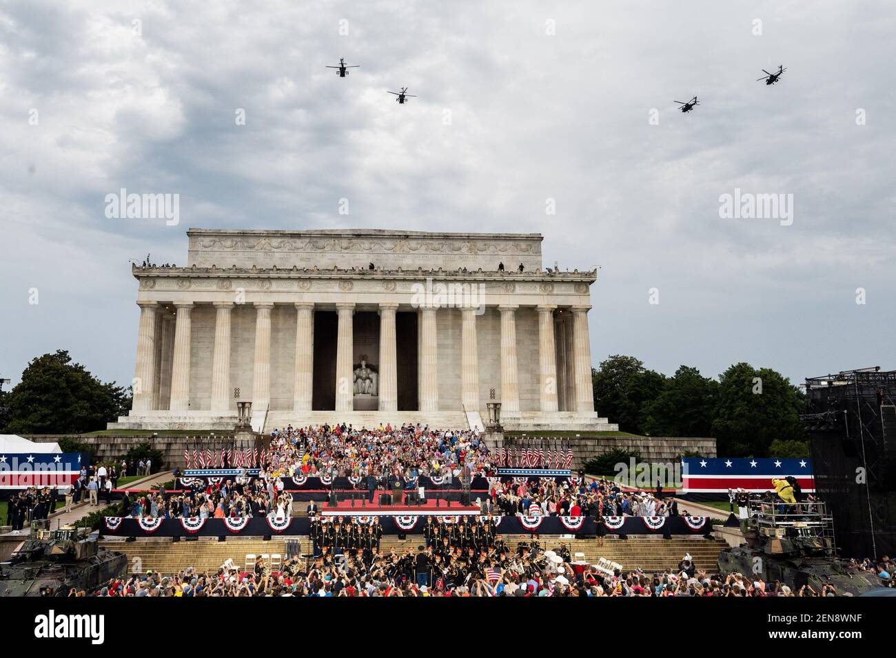 Military flyover while President Donald Trump speaks at the National ...