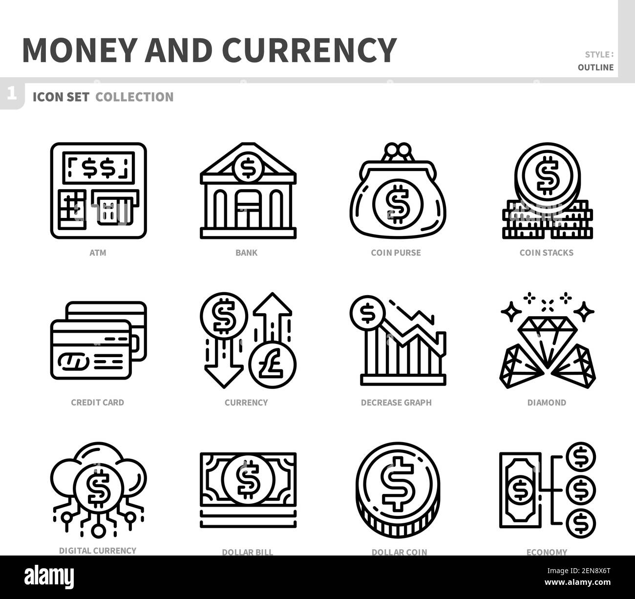 money and currency icon set,outline style,vector and illustration Stock ...