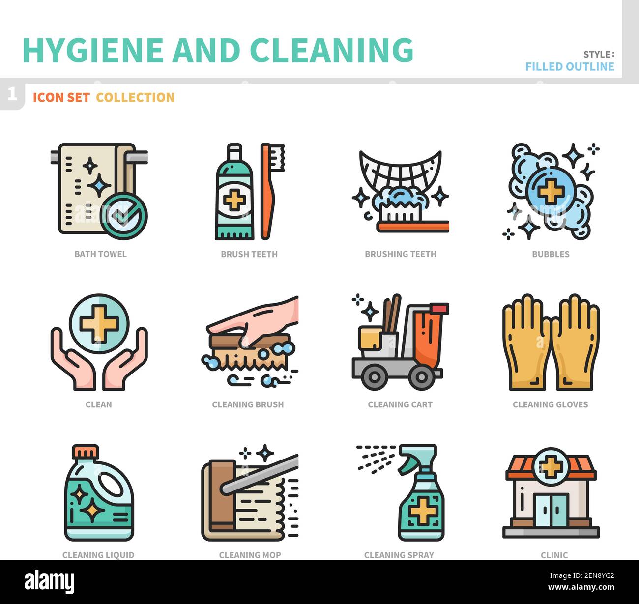 hygiene and cleaning icon set,filled outline style,vector and ...