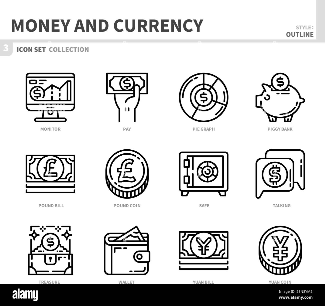 money and currency icon set,outline style,vector and illustration Stock ...