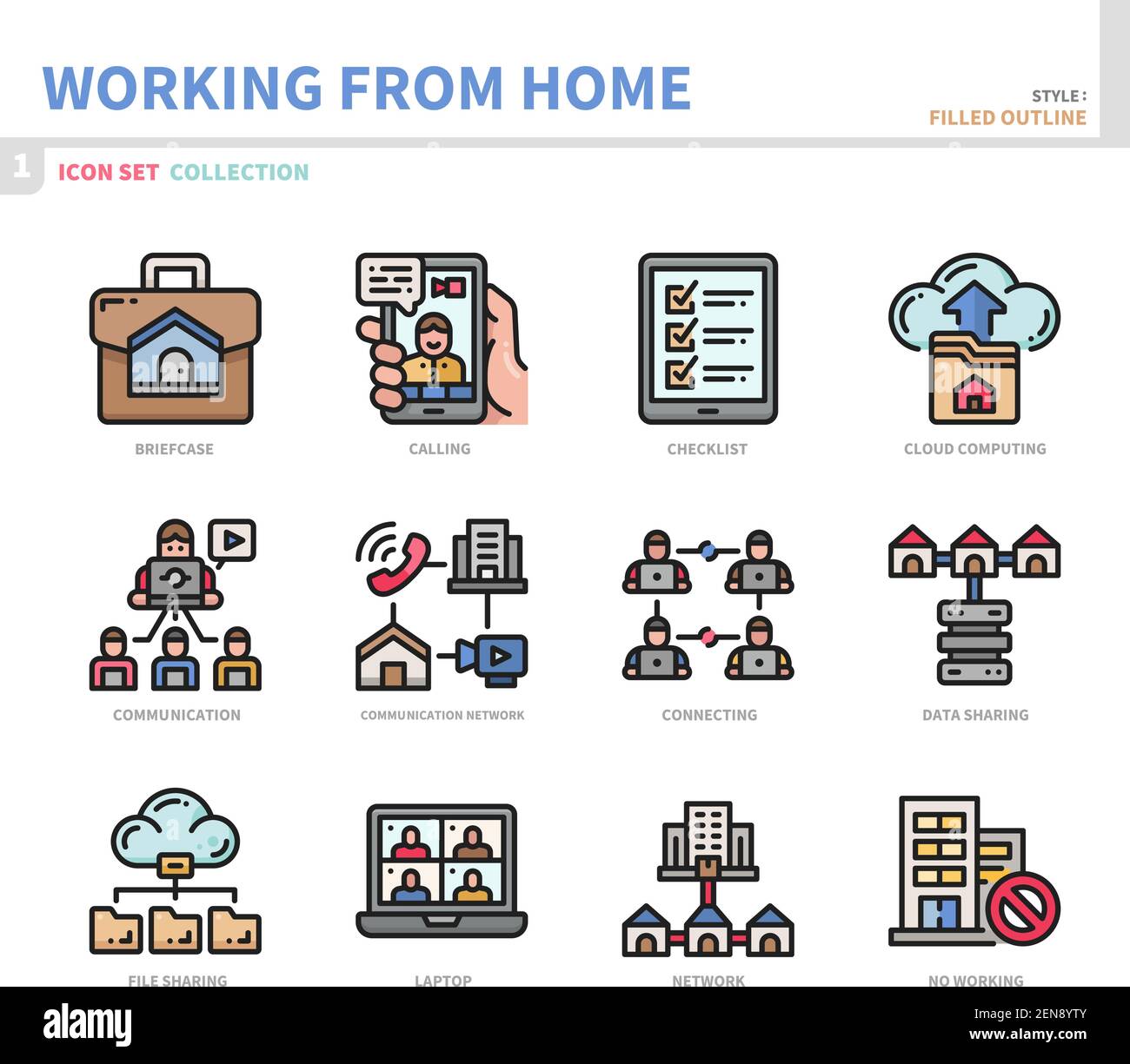 working from home icon set,filled outline style,vector and illustration ...