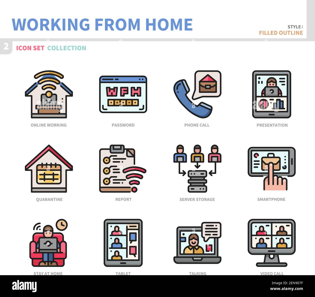working from home icon set,filled outline style,vector and illustration ...