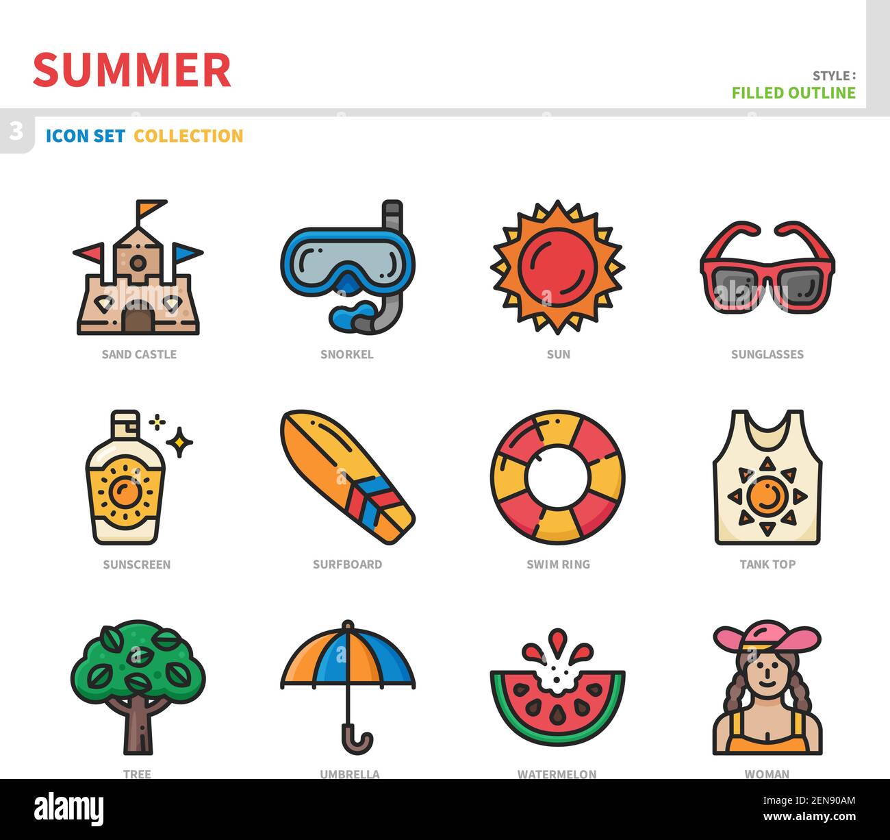 summer season icon set,filled outline style,vector and illustration ...