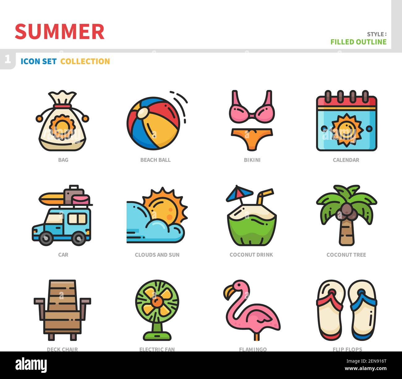 summer season icon set,filled outline style,vector and illustration ...