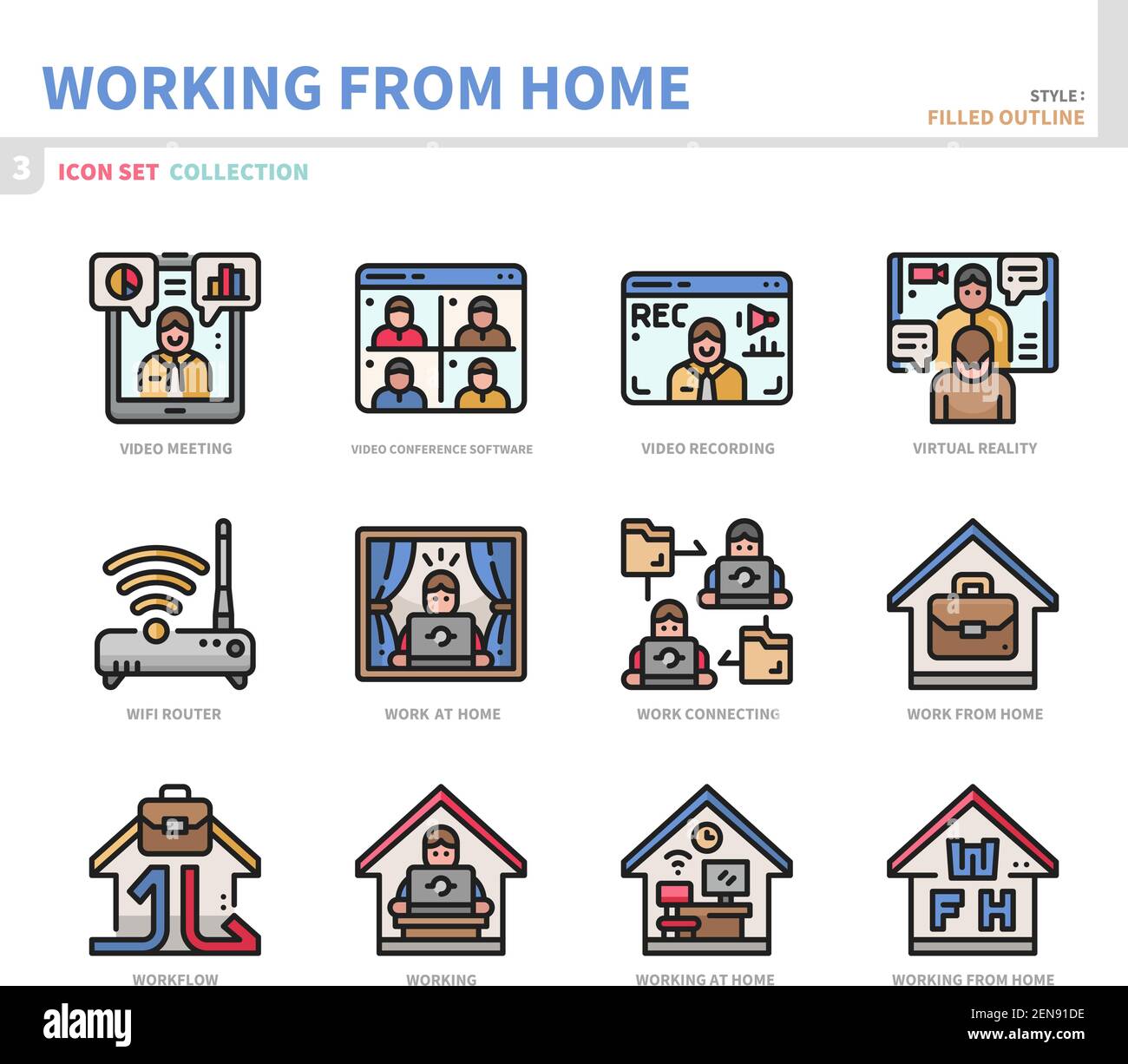 working from home icon set,filled outline style,vector and illustration ...