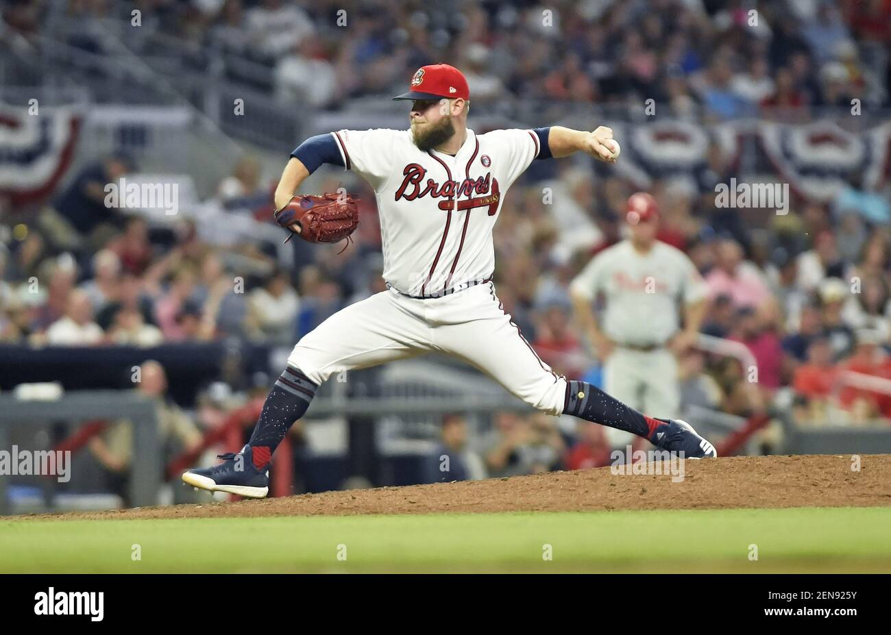 July 04, 2019: Atlanta Braves pitcher A.J. Minter delivers a pitch ...