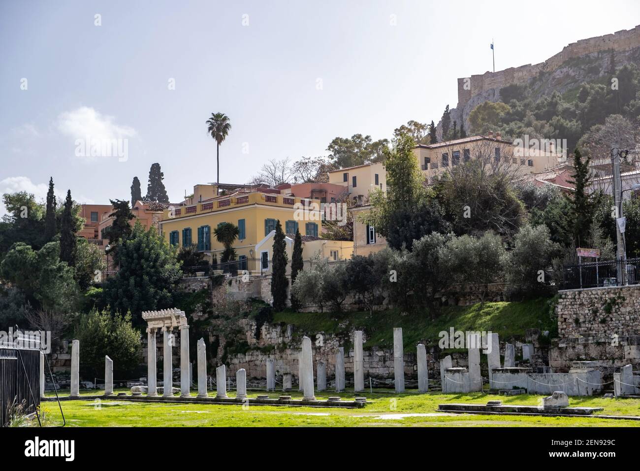 Athens Greece. Old Roman Agora or Roman Forum under Acropolis hill ...