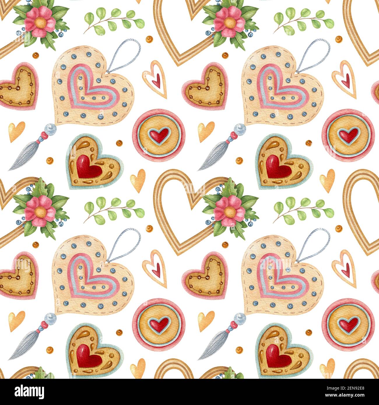 Watercolor seamless pattern with heart, leaf, biscuits and emblem on ...