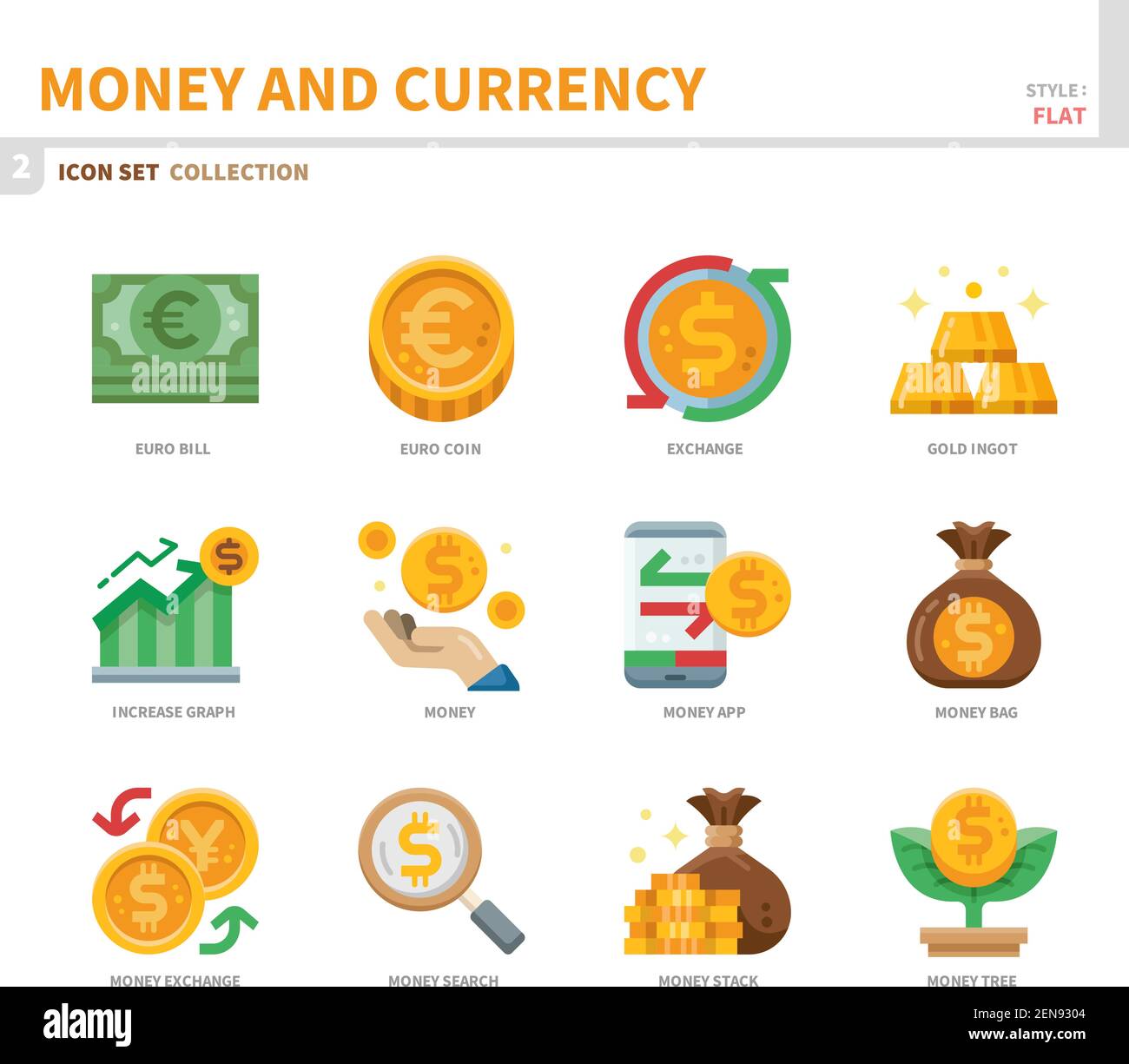 money and currency icon set,flat style,vector and illustration Stock ...