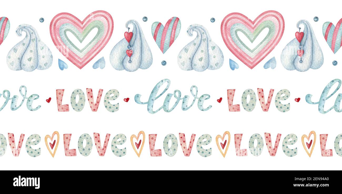 Watercolor seamless border with heart, marshmallow and text. Hand drawn ...