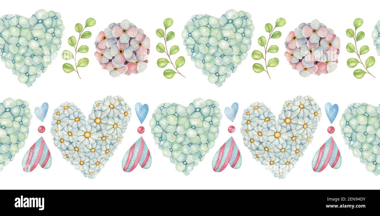 Watercolor seamless border with heart from flowers and leaves. Hand ...