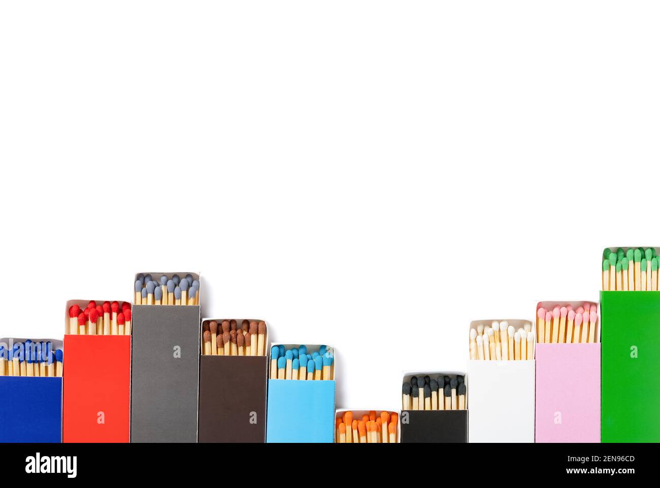 multi color matchboxes lined up like up and down grahpic on white with ...