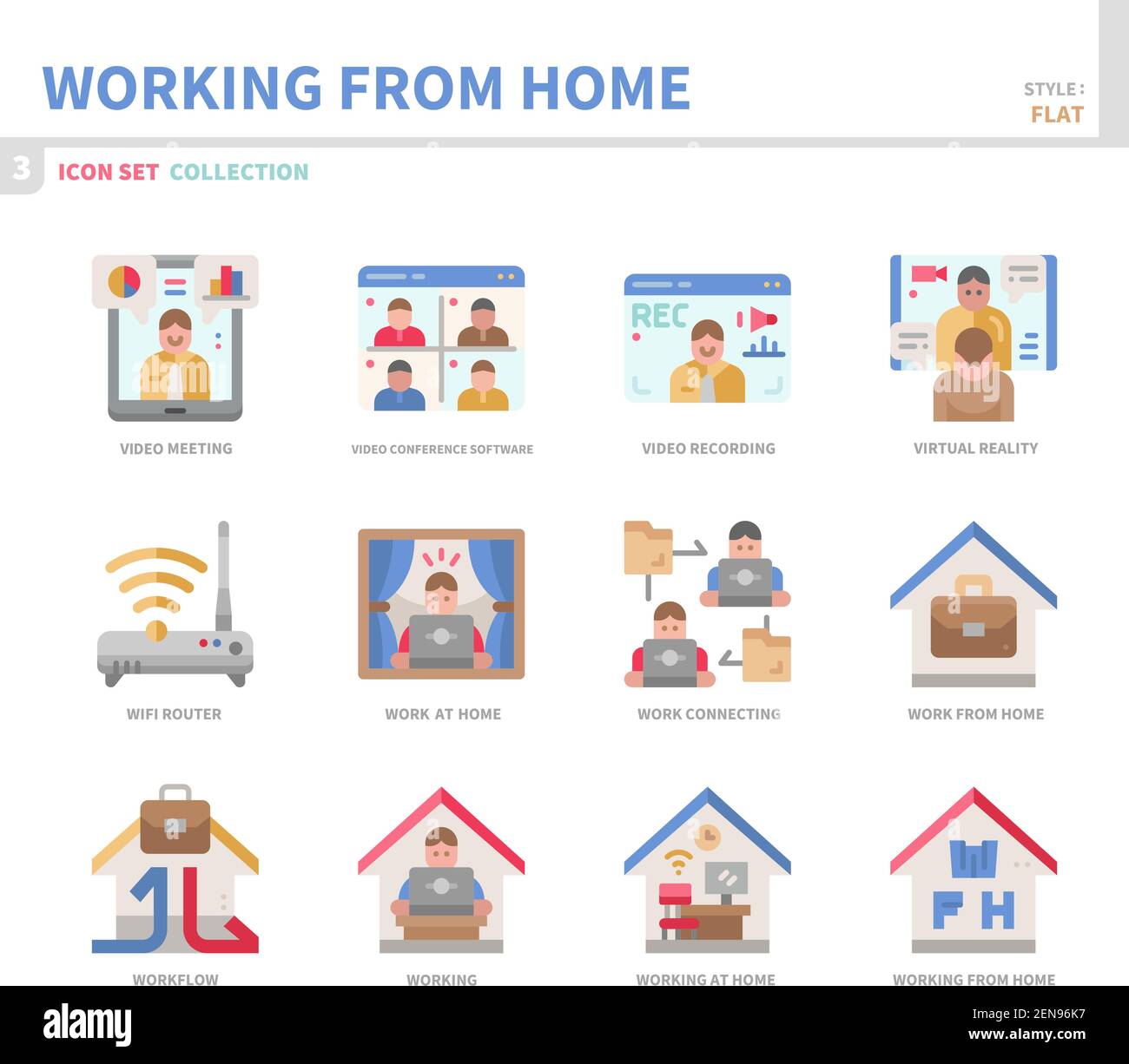 working from home icon set,flat style,vector and illustration Stock ...
