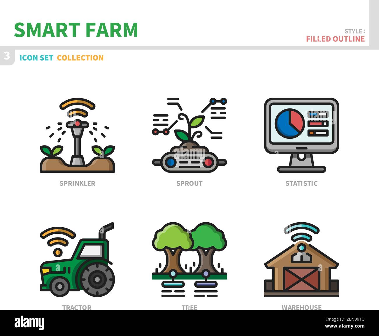 smart farm icon set,filled outline style,vector and illustration Stock ...