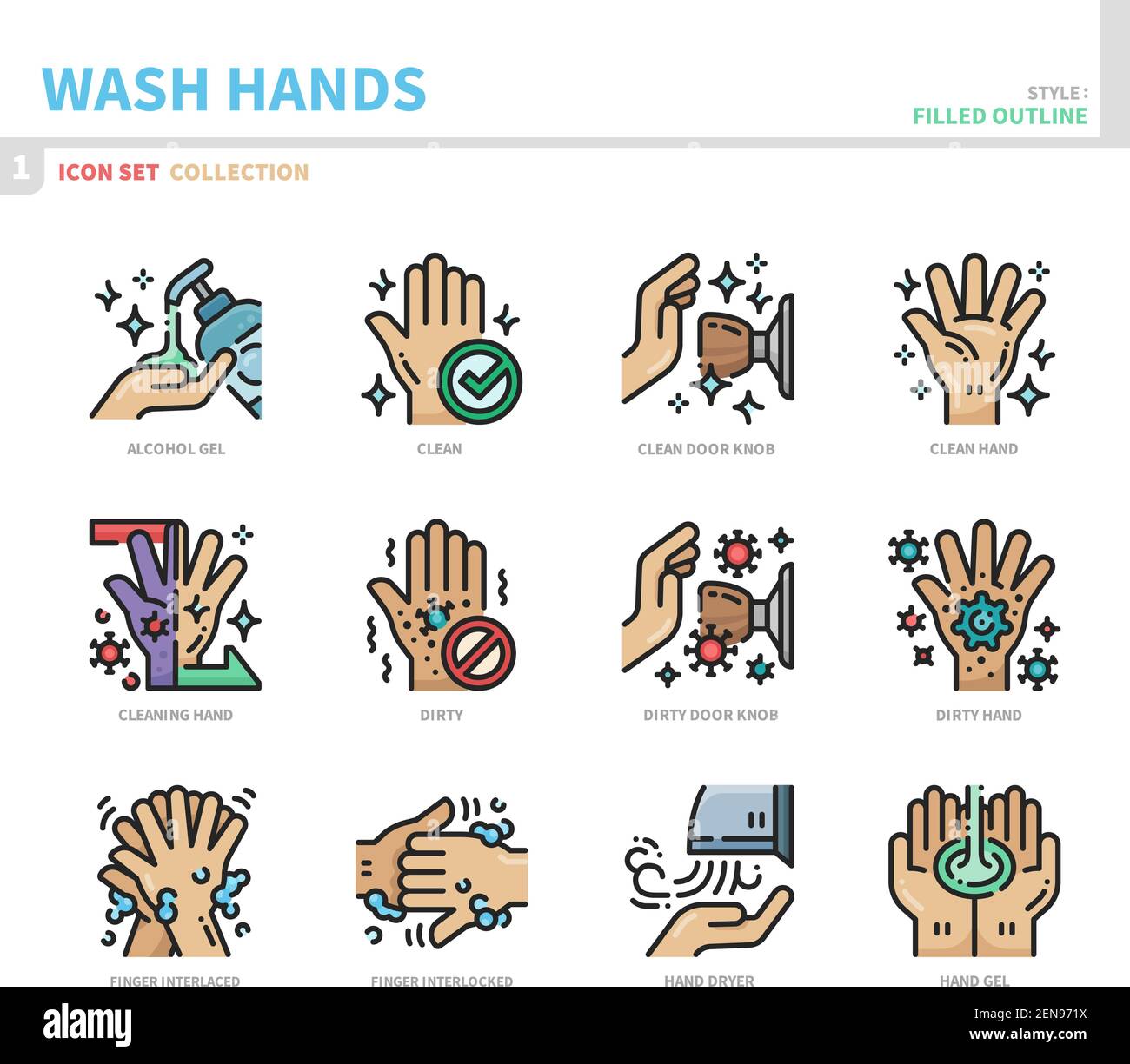 wash hand icon set,filled outline style,vector and illustration Stock ...