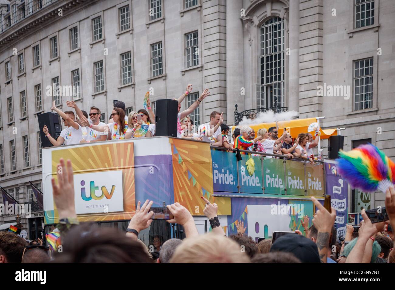 ITV seen during the parade. The Pride in London 2019 Parade Day is a London-based event held by ...
