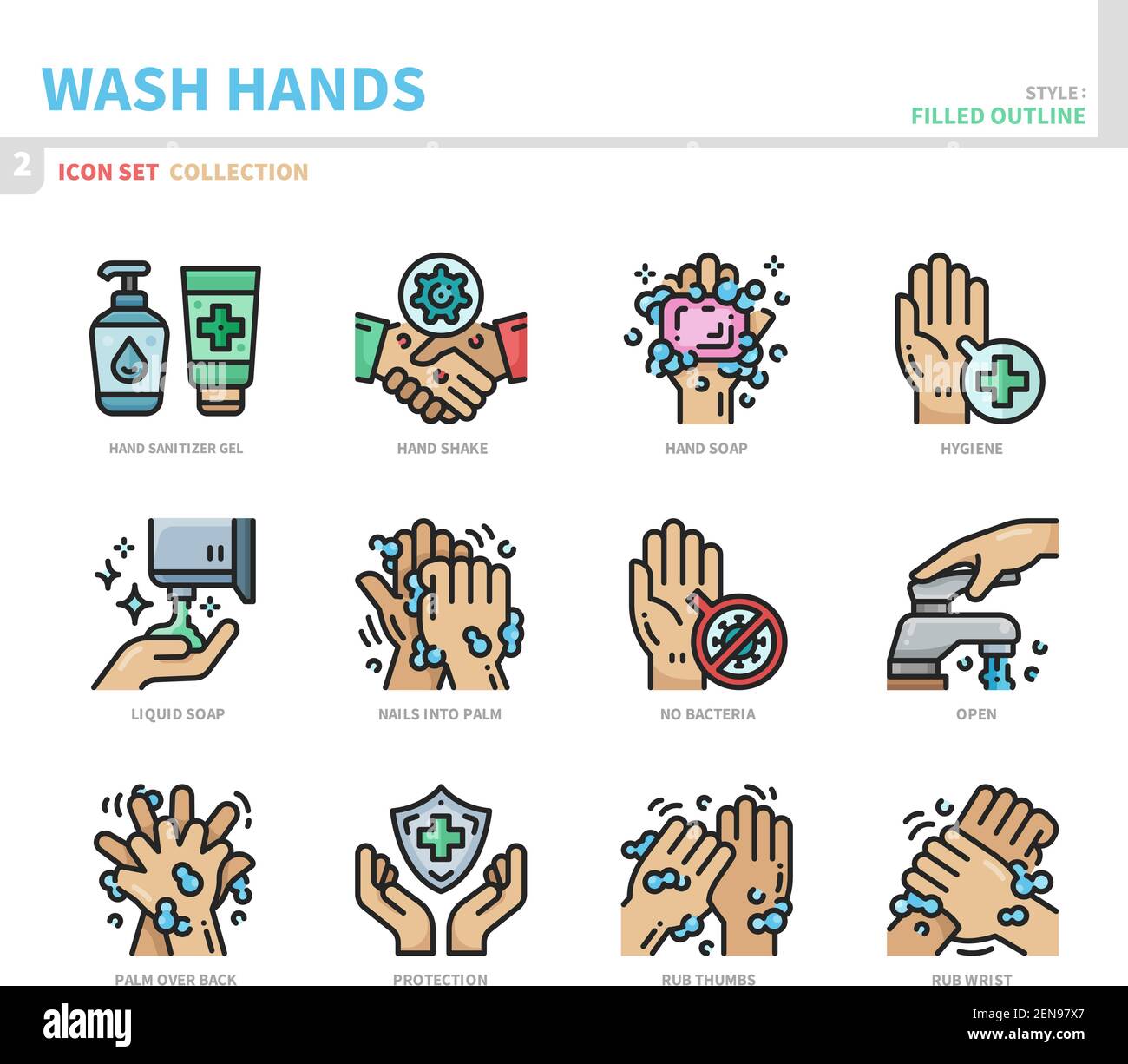 wash hands icon set,filled outline style,vector and illustration Stock ...