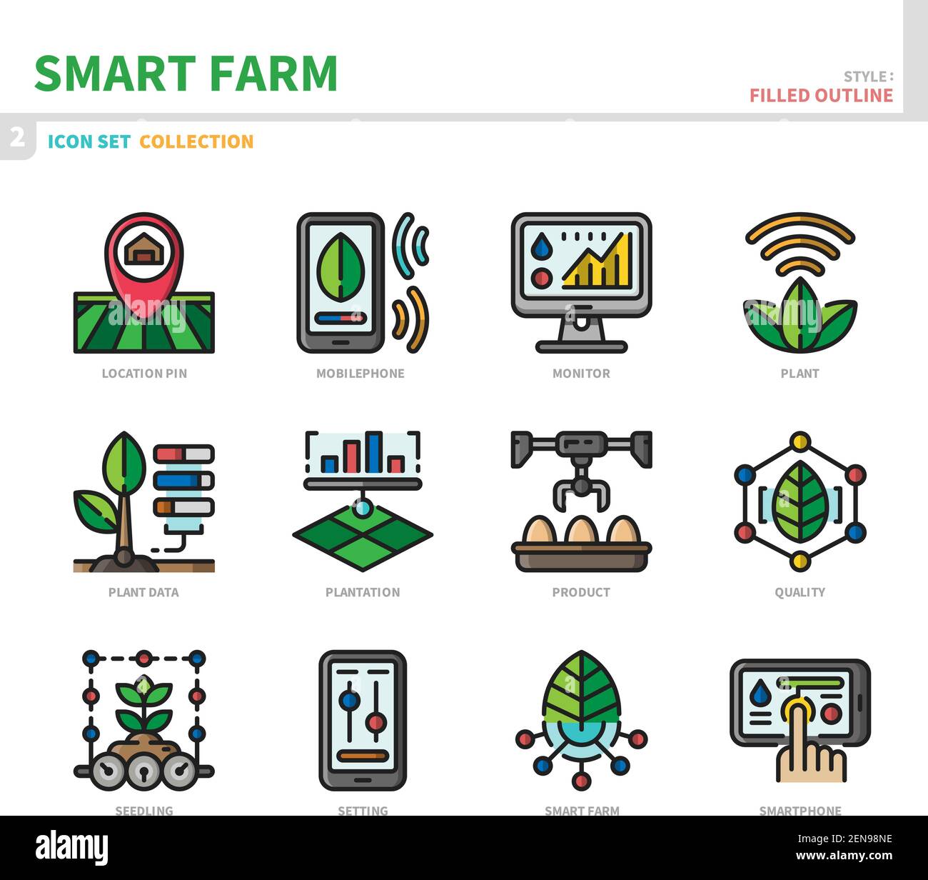 smart farm icon set,filled outline style,vector and illustration Stock ...