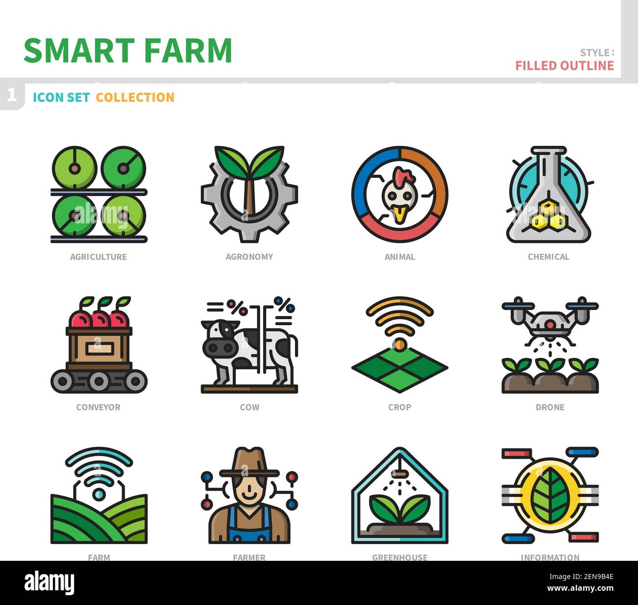 smart farm icon set,filled outline style,vector and illustration Stock ...