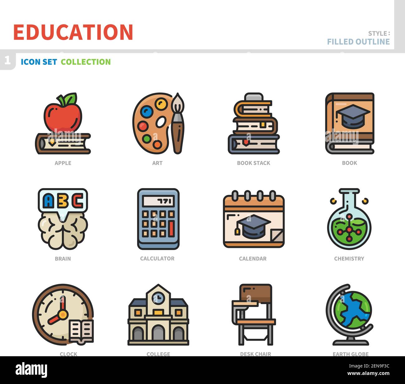 education icon set,filled outline style,vector and illustration Stock ...