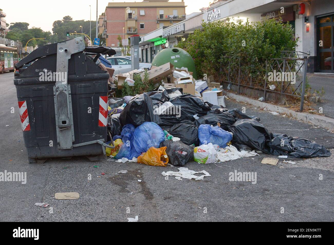 Garbage emergency in Rome. Heaps of garbage on the Portuense street in ...