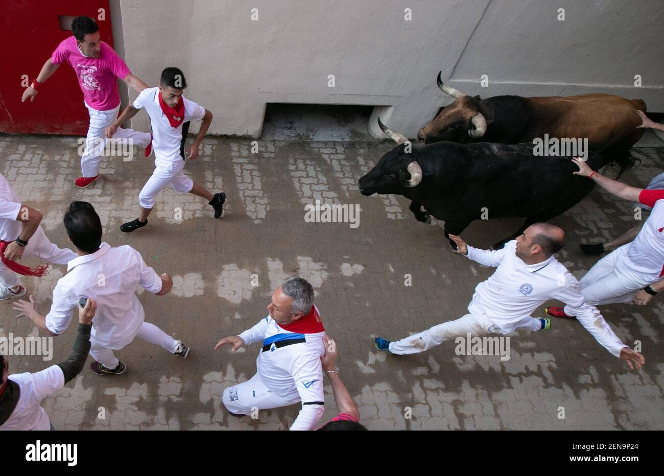 Bulls of the Victoriano del Rio ranch run down a street during the ...