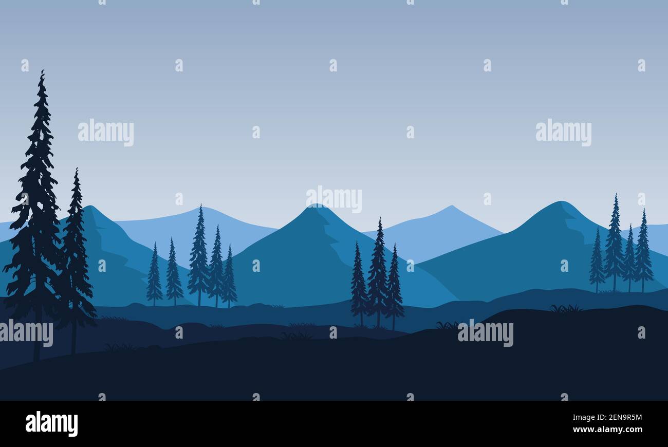 Beautiful morning view with mountains and pine trees around it. Vector ...