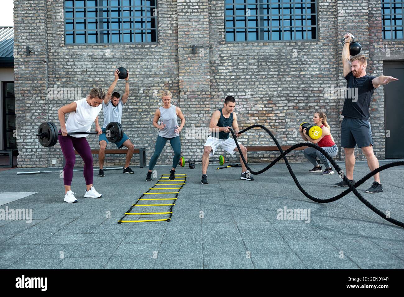 Group of healthy people working out, outside workout Stock Photo - Alamy