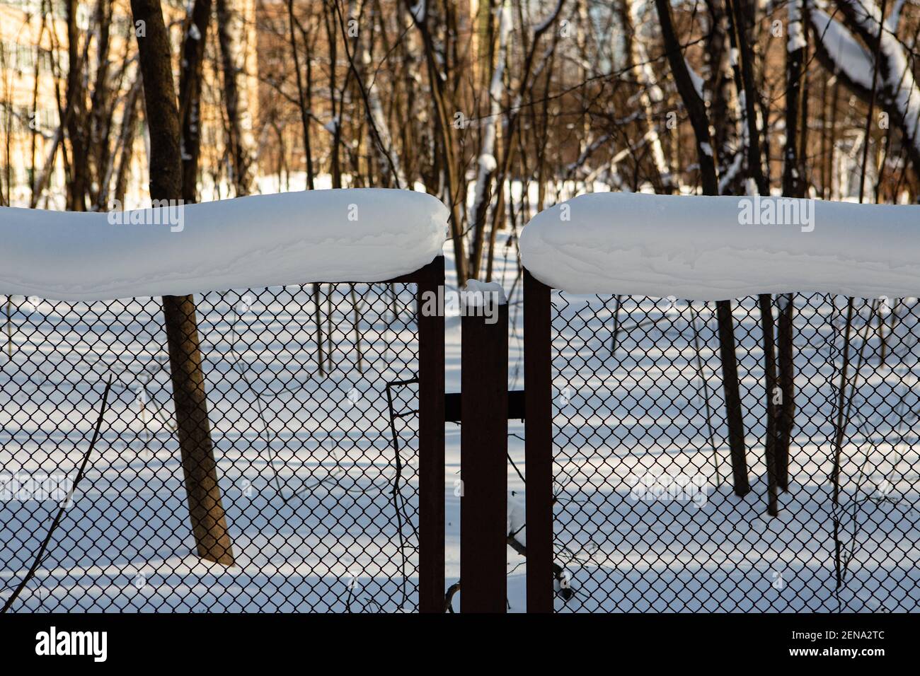 Snow on the fence after heavy snowfall Stock Photo - Alamy