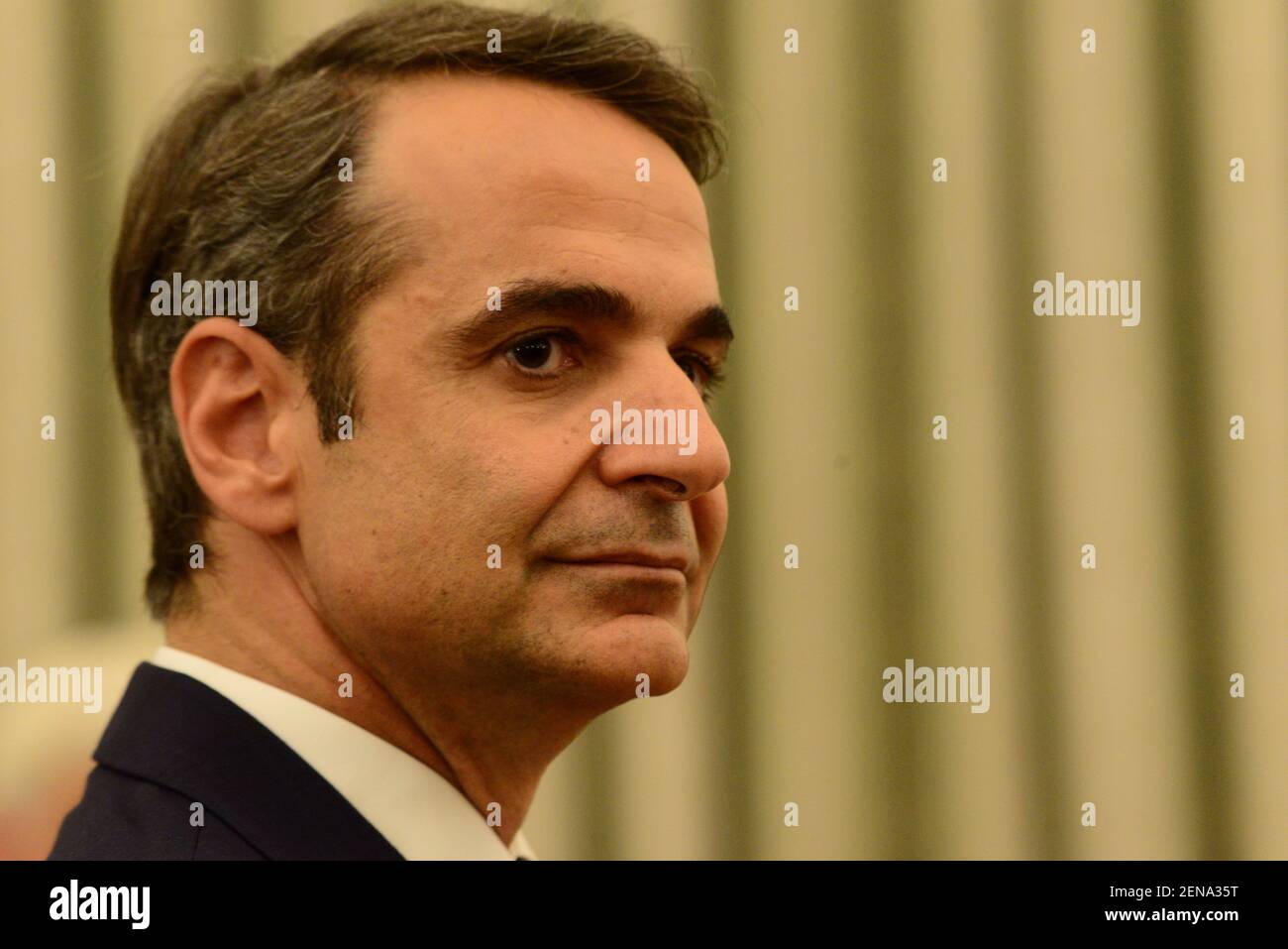 Kyriakos Mitsotakis, President of New Democracy party, takes his ...