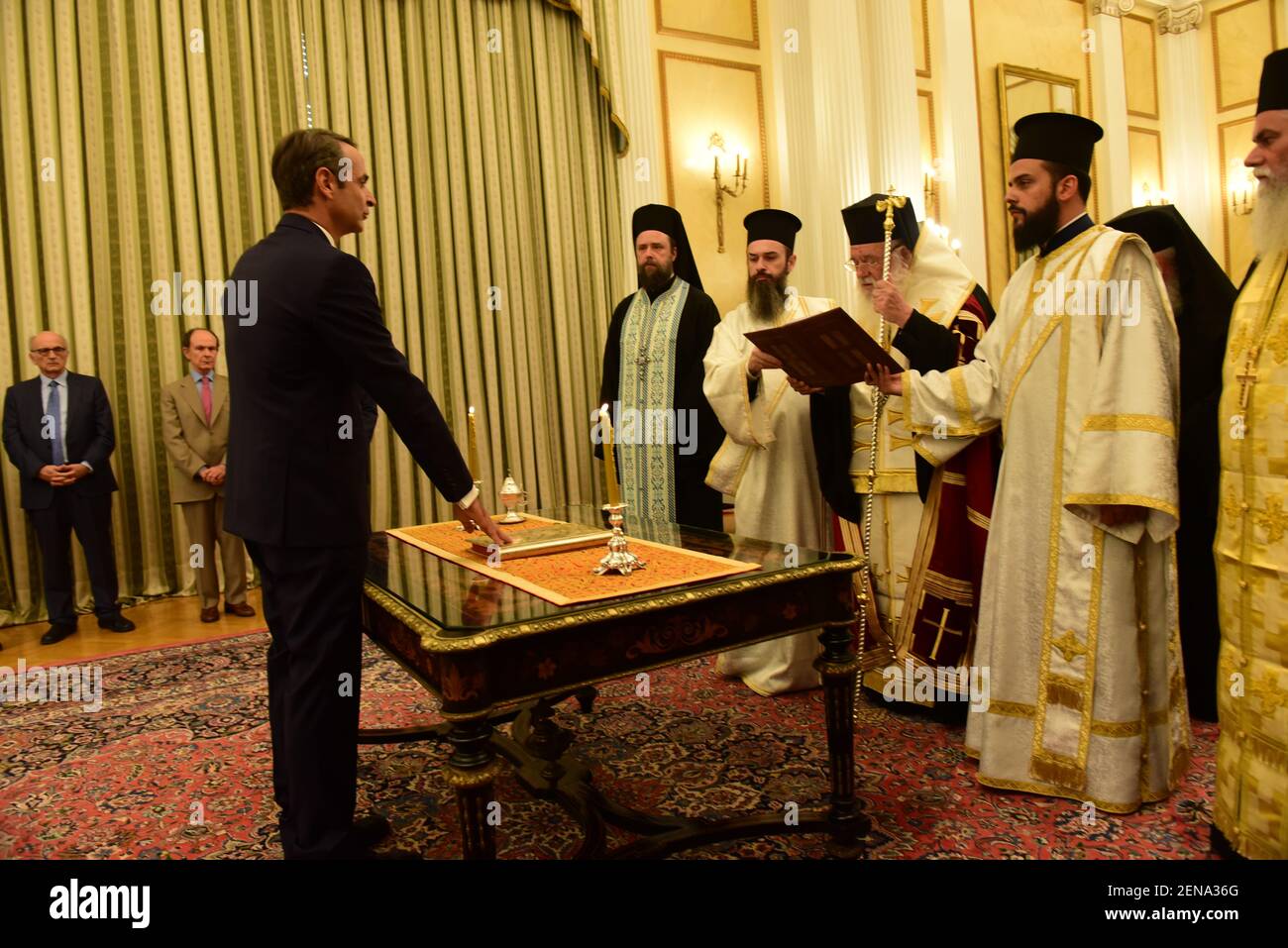 Kyriakos Mitsotakis, President of New Democracy party, takes his religious oath as new Greek ...