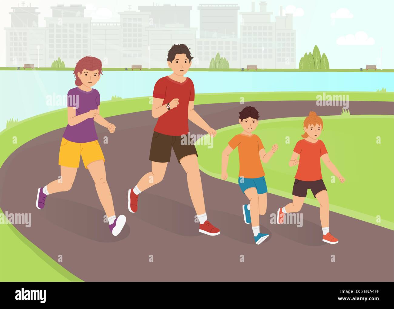 A family jogging outside the city. A happy family leads an active ...