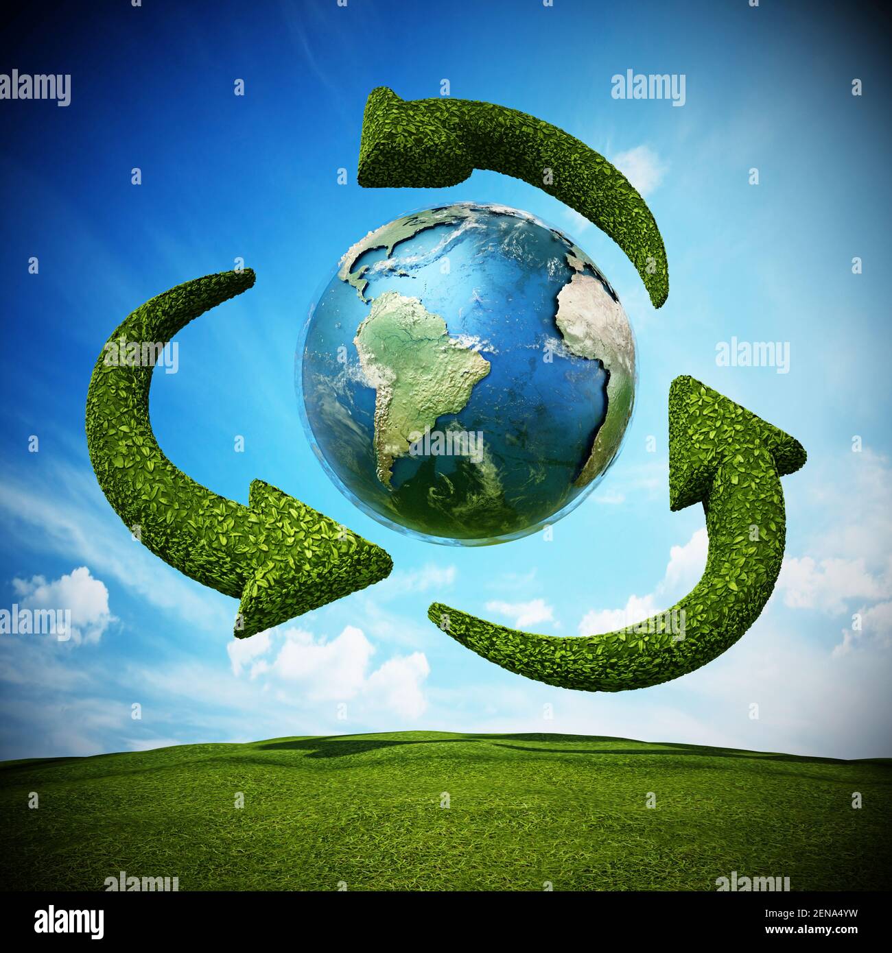 Turning green arrows around the earth form recycling symbol. 3D ...