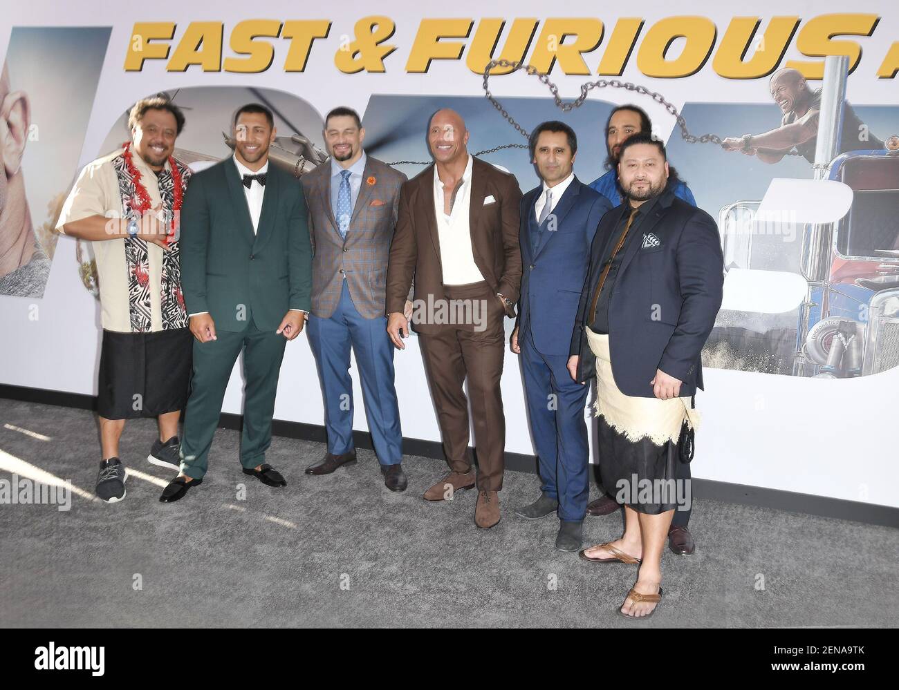 (L-R) Kelemete Misipeka, Josh Mauga, Roman Reigns, Dwayne Johnson ...