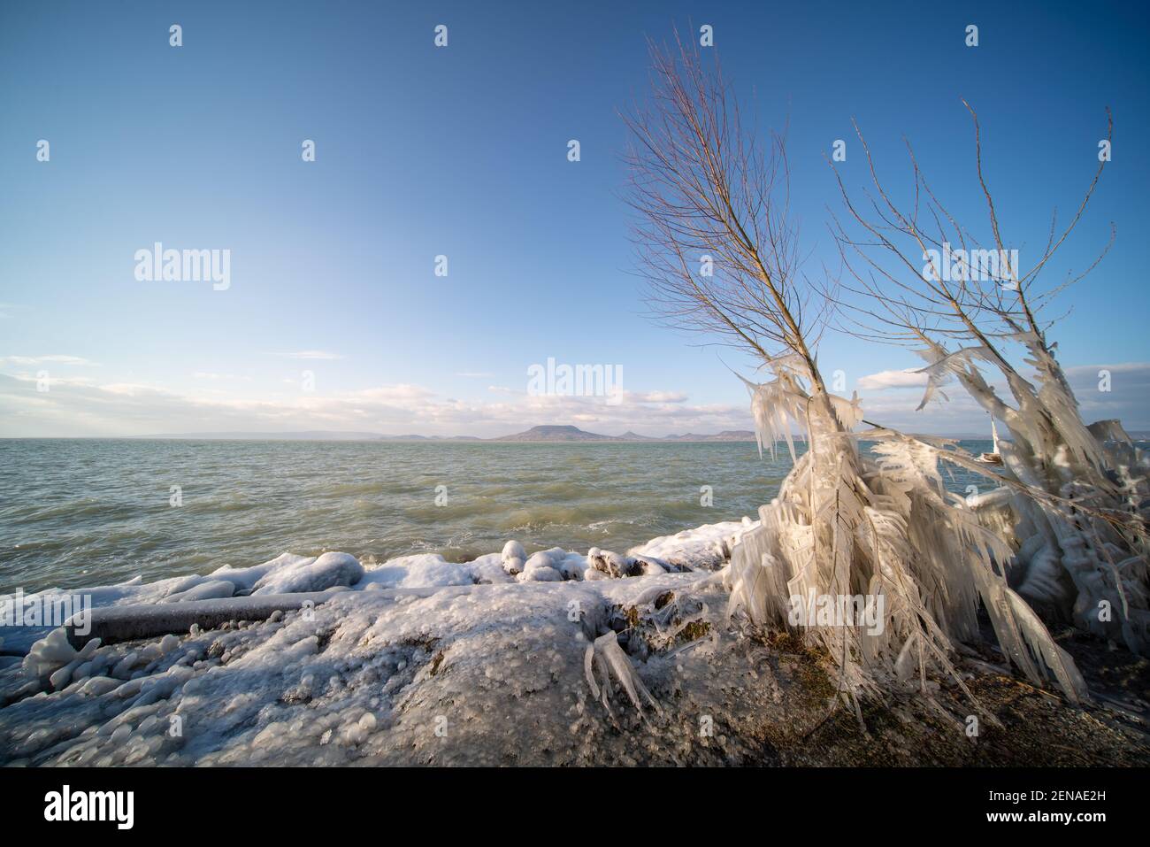 Beautiful frozen Lake Balaton with steel steps Stock Photo - Alamy