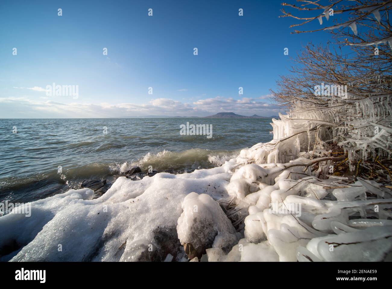 Beautiful frozen Lake Balaton with steel steps Stock Photo - Alamy