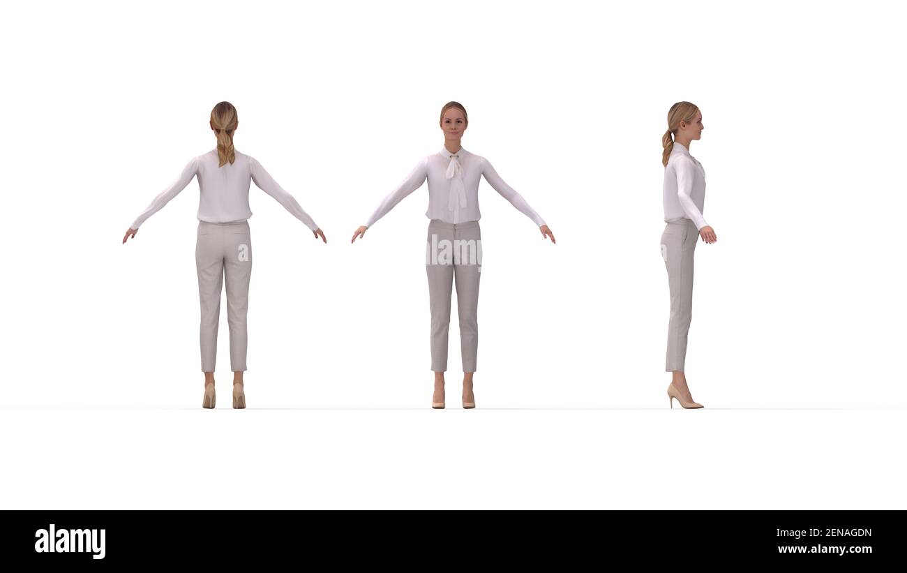 3D rendering of a casual business woman multiple views, front side and ...